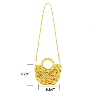 QTKJ Mini Semi-circle Rattan Straw Handbags, Hand-woven Women Summer Retro Straw Tote Bag Shoulder Bag Crossbody Bag Round Handle Beach Handbags (Yellow)