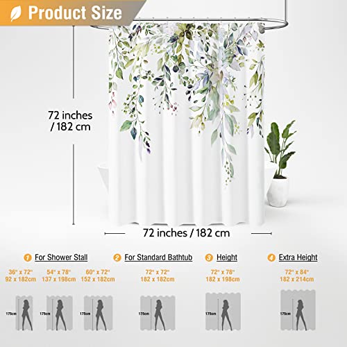 BTTN Eucalyptus Plant Shower Curtain, Floral Fabric Shower Curtain Set with 12 Plastic Hooks, Water Resistant, Watercolor Leaves Botanical Natural Shower Curtains for Bathroom, 72x72, Sage Green