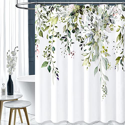 BTTN Eucalyptus Plant Shower Curtain, Floral Fabric Shower Curtain Set with 12 Plastic Hooks, Water Resistant, Watercolor Leaves Botanical Natural Shower Curtains for Bathroom, 72x72, Sage Green