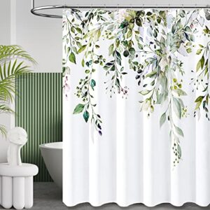 BTTN Eucalyptus Plant Shower Curtain, Floral Fabric Shower Curtain Set with 12 Plastic Hooks, Water Resistant, Watercolor Leaves Botanical Natural Shower Curtains for Bathroom, 72x72, Sage Green