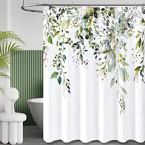 BTTN Eucalyptus Plant Shower Curtain, Floral Fabric Shower Curtain Set with 12 Plastic Hooks, Water Resistant, Watercolor Leaves Botanical Natural Shower Curtains for Bathroom, 72x72, Sage Green