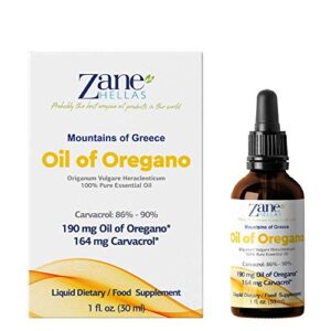 zane hellas 190 mg oregano oil-164 mg carvacrol per serving-4 drops daily. 100% greek undiluted oil of oregano. 86%-90% min carvacrol. probably the best oregano oil in the world. 1 fl. oz.- 30ml