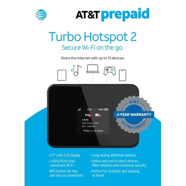 AT&T Wi-Fi Turbo Hotspot 2, 256 MB, Black - Prepaid Hotspot, dual band