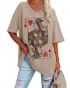 womens oversized queen of hearts graphic t shirts casual v neck half sleeve summer loose tees tunic tops khaki