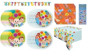 cocomelon birthday party supplies bundle pack includes 16 dessert plates, 16 lunch plates, 16 napkins, 1 table cover, 1 happy birthday banner, 1 dinosaur sticker sheet (bundle for 16)