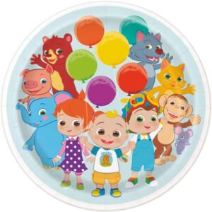 Cocomelon Birthday Party Supplies Bundle Pack includes 16 Dessert Plates, 16 Lunch Plates, 16 Napkins, 1 Table Cover, 1 Happy Birthday Banner, 1 Dinosaur Sticker Sheet (Bundle for 16)