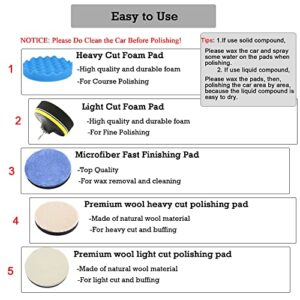 SOLULU 5 Inch Wool Polishing Buffing Pads Kit, 7 Pcs Waxing Buffing Polishing Sponge, 5 Inch Face for 5 in 125mm Backing Plate, for Drill Buffer Attachment with M14 Drill Adapter