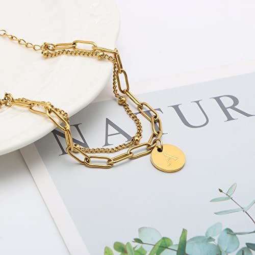 JoycuFF Gold Initial Bracelets for Women Gifts for Teen Girls 18K Gold Plated Layered Alphabet Charm Bracelet Adjustable Papercilp Link Chain Letter A Jewelry for Her