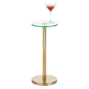 mdesign glass top side/end drink table - small modern round accent metal nightstand furniture for living room, dorm, home office, and bedroom - 9" round - clear/soft brass