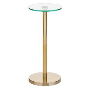 mDesign Glass Top Side/End Drink Table - Small Modern Round Accent Metal Nightstand Furniture for Living Room, Dorm, Home Office, and Bedroom - 9" Round - Clear/Soft Brass