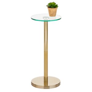 mDesign Glass Top Side/End Drink Table - Small Modern Round Accent Metal Nightstand Furniture for Living Room, Dorm, Home Office, and Bedroom - 9" Round - Clear/Soft Brass