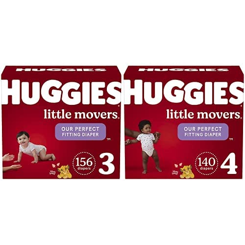 Baby Diapers Bundle: Huggies Little Movers Diapers Size 3 (16-28 lbs), 156ct & Size 4 (22-37 lbs), 140ct