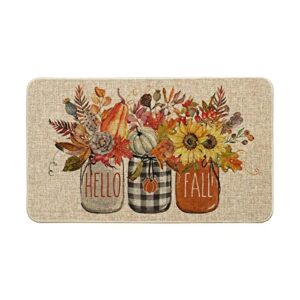 artoid mode hello fall vases decorative doormat, thanksgiving pumpkin sunflower flower low-profile floor switch mat for indoor outdoor 17x29 inch