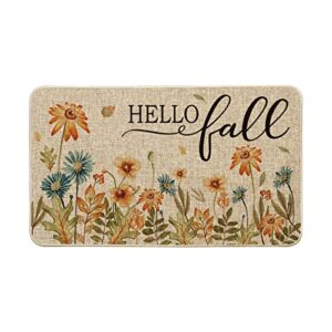 artoid mode hello fall wild flower decorative doormat, autumn thanksgiving floral low-profile floor switch mat for indoor outdoor 17x29 inch