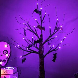 ZHOUDUIDUI Halloween Tree, Black Spooky Tree with 24LED Purple Lights and 10 Bat Ornaments Battery Powered 18IN Lighted Halloween Bonsai Tree for Indoor Tabletop Halloween Party Decoration