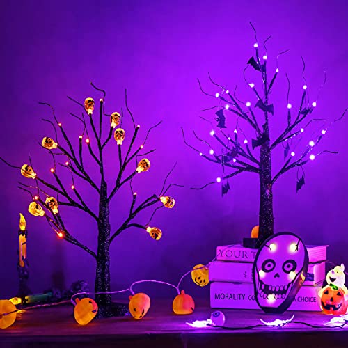 ZHOUDUIDUI Halloween Tree, Black Spooky Tree with 24LED Purple Lights and 10 Bat Ornaments Battery Powered 18IN Lighted Halloween Bonsai Tree for Indoor Tabletop Halloween Party Decoration