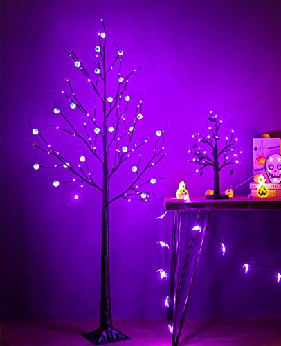 ZHOUDUIDUI Halloween Tree, Black Spooky Tree with 24LED Purple Lights and 10 Bat Ornaments Battery Powered 18IN Lighted Halloween Bonsai Tree for Indoor Tabletop Halloween Party Decoration