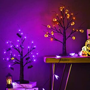 ZHOUDUIDUI Halloween Tree, Black Spooky Tree with 24LED Purple Lights and 10 Bat Ornaments Battery Powered 18IN Lighted Halloween Bonsai Tree for Indoor Tabletop Halloween Party Decoration