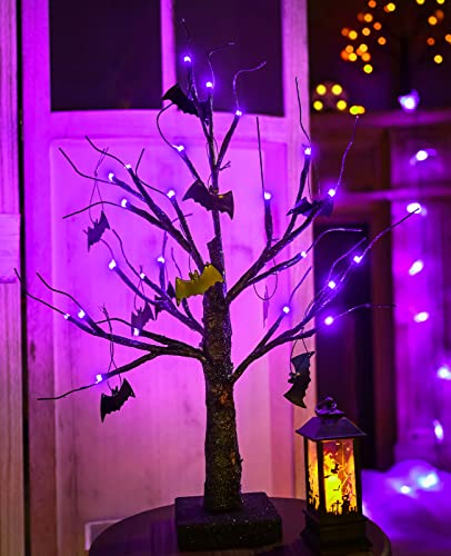 ZHOUDUIDUI Halloween Tree, Black Spooky Tree with 24LED Purple Lights and 10 Bat Ornaments Battery Powered 18IN Lighted Halloween Bonsai Tree for Indoor Tabletop Halloween Party Decoration