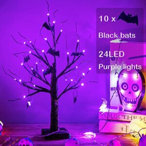 ZHOUDUIDUI Halloween Tree, Black Spooky Tree with 24LED Purple Lights and 10 Bat Ornaments Battery Powered 18IN Lighted Halloween Bonsai Tree for Indoor Tabletop Halloween Party Decoration