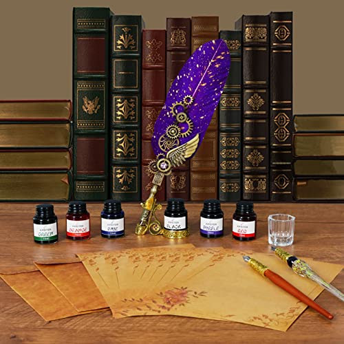 Aifeiter Feather Pen Ink Set,Quill Pen Ink Set,Wax Seal Stamp Set,Feather Calligraphy Pen Set,Birthday Present,Christmas Gifts,Holiday Ideal Gift（purple）