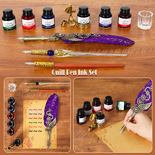 Aifeiter Feather Pen Ink Set,Quill Pen Ink Set,Wax Seal Stamp Set,Feather Calligraphy Pen Set,Birthday Present,Christmas Gifts,Holiday Ideal Gift（purple）