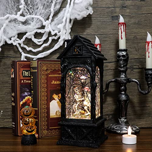 Eldnacele Halloween Ghost Projection Snow Globe Lantern with 6-Hour Timer, Lighted Plug-in & Battery Operated Water Glittering Snowing Globe Lantern for Spooky Fall Halloween Festival Party Decoration