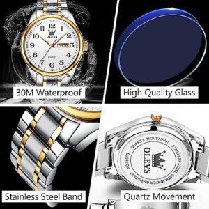 OLEVS White Watch for Men Large Face Stainless Steel Quartz Watches with Date Casual Luminous Two Tone Band Men's Wrist Watch Three Hands Men Dress Watch Arabic Numeral Male Lightweight Watch