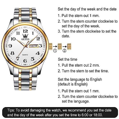 OLEVS White Watch for Men Large Face Stainless Steel Quartz Watches with Date Casual Luminous Two Tone Band Men's Wrist Watch Three Hands Men Dress Watch Arabic Numeral Male Lightweight Watch