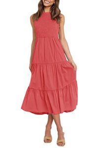 zesica women's 2023 summer casual sleeveless crew neck smocked high waist flowy tiered a line midi dress,watermelon,medium