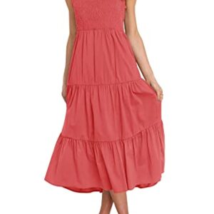 ZESICA Women's 2023 Summer Casual Sleeveless Crew Neck Smocked High Waist Flowy Tiered A Line Midi Dress,Watermelon,Medium