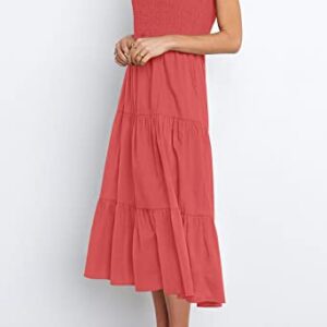 ZESICA Women's 2023 Summer Casual Sleeveless Crew Neck Smocked High Waist Flowy Tiered A Line Midi Dress,Watermelon,Medium