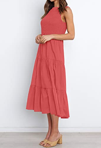 ZESICA Women's 2023 Summer Casual Sleeveless Crew Neck Smocked High Waist Flowy Tiered A Line Midi Dress,Watermelon,Medium