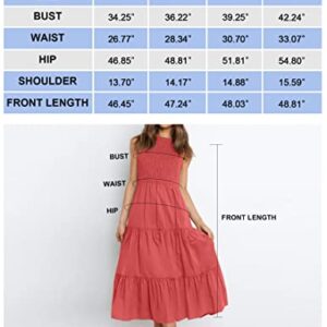 ZESICA Women's 2023 Summer Casual Sleeveless Crew Neck Smocked High Waist Flowy Tiered A Line Midi Dress,Watermelon,Medium