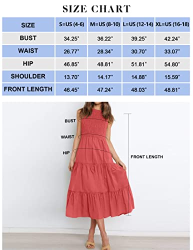 ZESICA Women's 2023 Summer Casual Sleeveless Crew Neck Smocked High Waist Flowy Tiered A Line Midi Dress,Watermelon,Medium