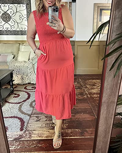 ZESICA Women's 2023 Summer Casual Sleeveless Crew Neck Smocked High Waist Flowy Tiered A Line Midi Dress,Watermelon,Medium