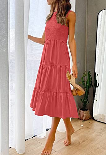 ZESICA Women's 2023 Summer Casual Sleeveless Crew Neck Smocked High Waist Flowy Tiered A Line Midi Dress,Watermelon,Medium