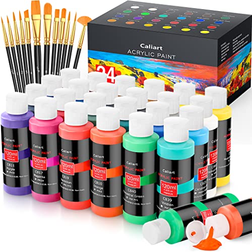 Caliart Acrylic Paint Set With 12 Brushes, 24 Colors (120ml, 4oz) Art Craft Paints for Artists Kids Students Beginners & Painters, Canvas Halloween Pumpkin Ceramic Wood Rock Painting Art Supplies Kit