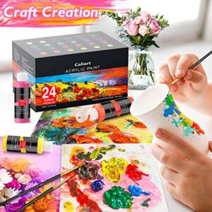 Caliart Acrylic Paint Set With 12 Brushes, 24 Colors (120ml, 4oz) Art Craft Paints for Artists Kids Students Beginners & Painters, Canvas Halloween Pumpkin Ceramic Wood Rock Painting Art Supplies Kit