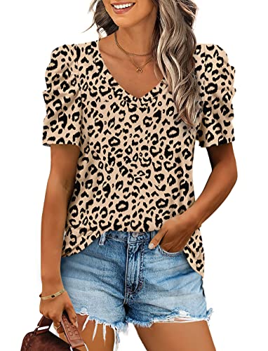 Oversized T Shirts for Women Leopard Print Tops V Neck Short Sleeve Shirts Loose Fit L