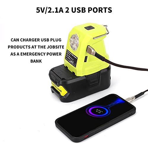 2 USB Ports Battery Adapter Charger with 420LM LED Light Compatible with Ryobi 18V One+ P108 P107 Lithium Battery Power Supply Power Source Portable Flashlight Outdoor Camping Lantern