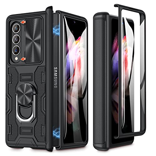 Caka for Z Fold 3 Case, Galaxy Z Fold 3 Case with Slide Camera Lens Cover, Built-in Kickstand Ring Holder Tempered Glass Screen Protector, Magnetic Case for Samsung Z Fold 3 5G (Black)