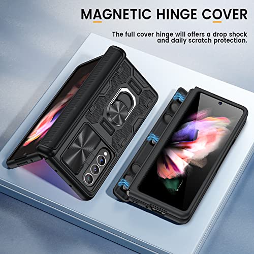 Caka for Z Fold 3 Case, Galaxy Z Fold 3 Case with Slide Camera Lens Cover, Built-in Kickstand Ring Holder Tempered Glass Screen Protector, Magnetic Case for Samsung Z Fold 3 5G (Black)