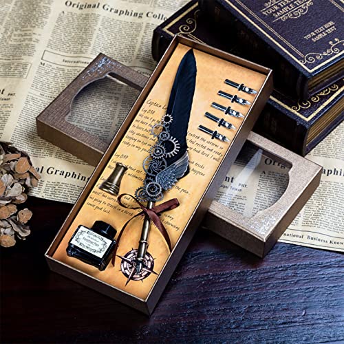 Retro Feather Pen Set Antique Calligraphy Dip Pen with Ink 5 Different Replacement Nibs Pen Stand for Boys Girls Writing