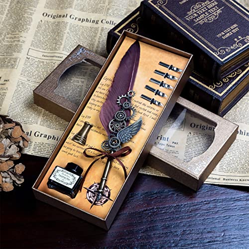 Retro Feather Pen Set Antique Calligraphy Dip Pen with Ink 5 Different Replacement Nibs Pen Stand for Boys Girls Writing