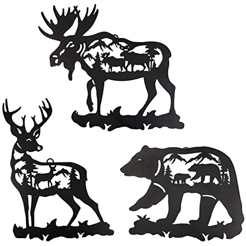 COOZZYHOUR Deer Bear Moose Metal Wall Art Decor, 8.9inch,Set Of 3, Rustic Concise Decoration, Hanging For Living Room Bedroom Bathroom Christmas Indoor Outdoor, Lodge, Hunting, Black