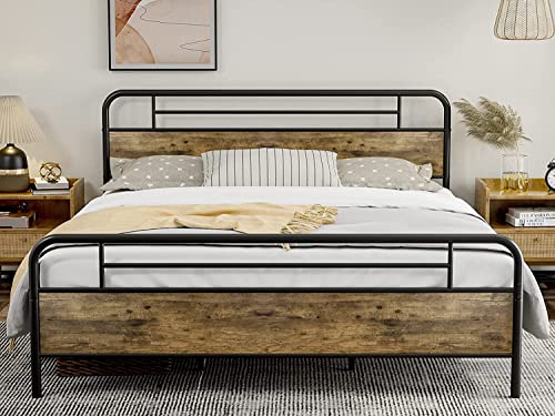 IKIFLY King Size Metal Platform Bed Frame with Wood Headboard Footboard, Heavy Duty Steel Slats, 12" Under Bed Storage, Mattress Foundation, No Box Spring Needed - King/Rustic Brown