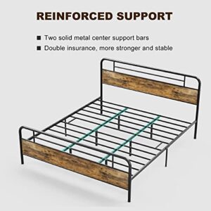 IKIFLY King Size Metal Platform Bed Frame with Wood Headboard Footboard, Heavy Duty Steel Slats, 12" Under Bed Storage, Mattress Foundation, No Box Spring Needed - King/Rustic Brown