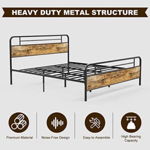 IKIFLY King Size Metal Platform Bed Frame with Wood Headboard Footboard, Heavy Duty Steel Slats, 12" Under Bed Storage, Mattress Foundation, No Box Spring Needed - King/Rustic Brown