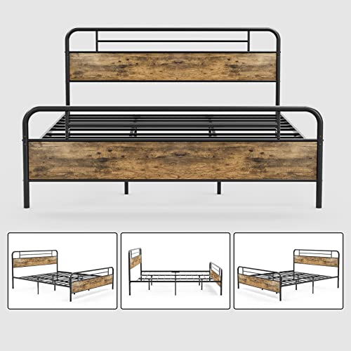 IKIFLY King Size Metal Platform Bed Frame with Wood Headboard Footboard, Heavy Duty Steel Slats, 12" Under Bed Storage, Mattress Foundation, No Box Spring Needed - King/Rustic Brown